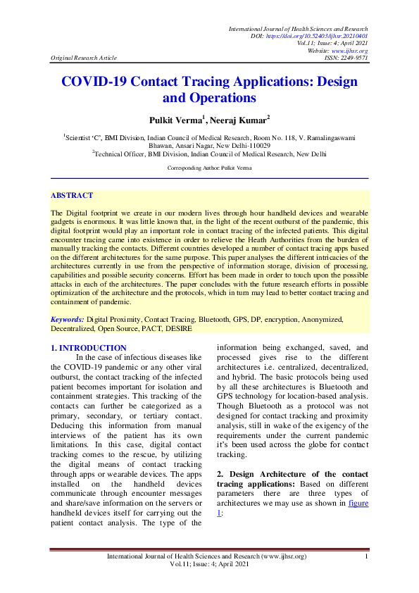 (PDF) COVID-19 Contact Tracing Applications: Design and Operations