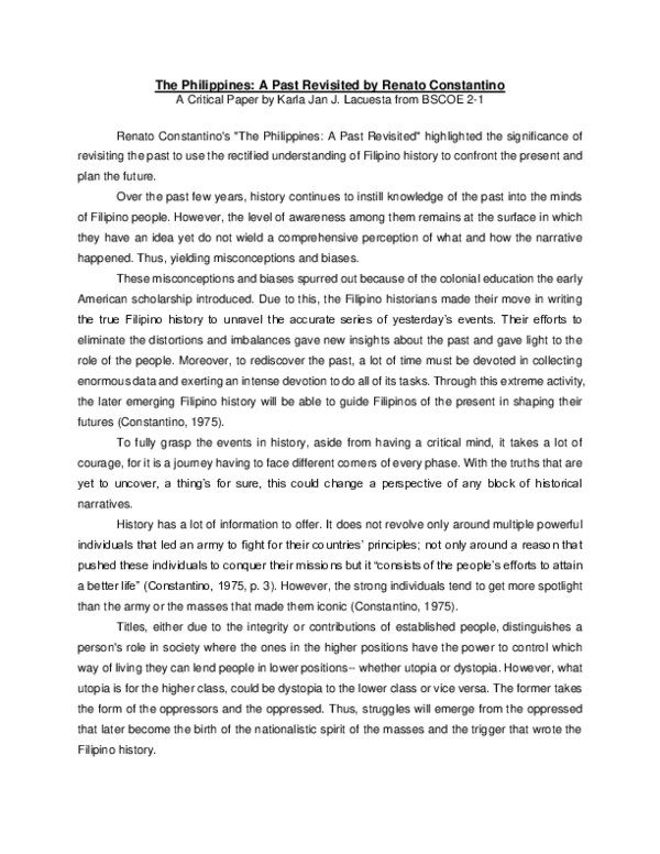 (PDF) The Philippines: A Past Revisited Critique Paper by Karla Jan J ...