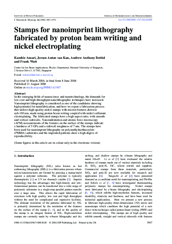 (PDF) Stamps for nanoimprint lithography fabricated by proton beam ...
