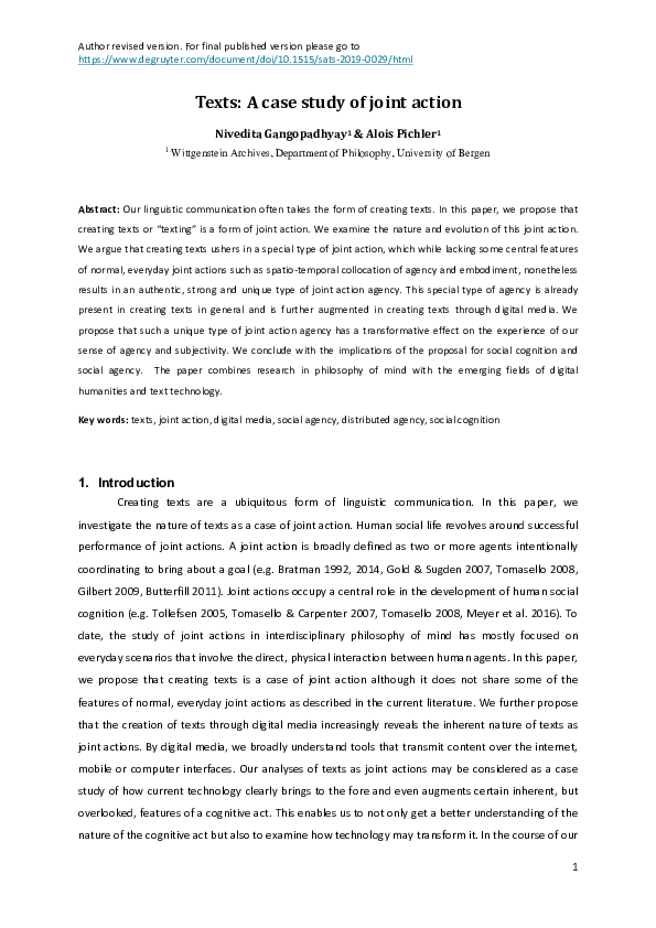 (PDF) Texts: A case study of joint action