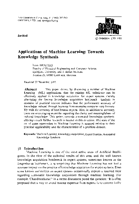 (PDF) Applications of Machine Learning: Towards knowledge synthesis