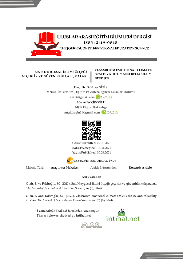 (PDF) Classroom emotional climate scale: validity and reliability studies