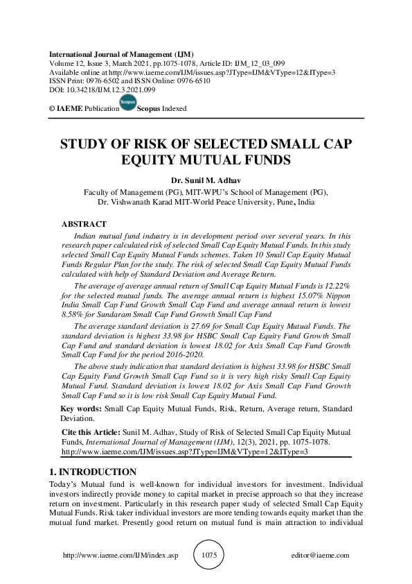 (PDF) STUDY OF RISK OF SELECTED SMALL CAP EQUITY MUTUAL FUNDS
