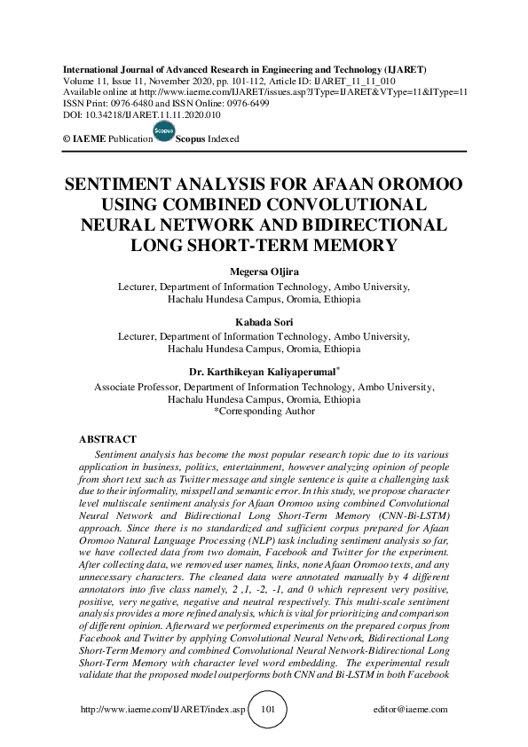 (PDF) SENTIMENT ANALYSIS FOR AFAAN OROMOO USING COMBINED CONVOLUTIONAL NEURAL NETWORK AND ...