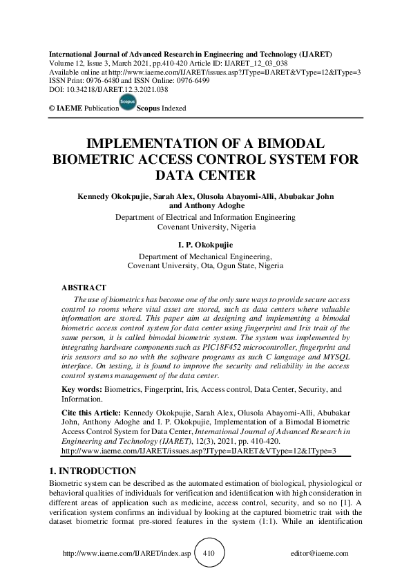 (PDF) IMPLEMENTATION OF A BIMODAL BIOMETRIC ACCESS CONTROL SYSTEM FOR DATA CENTER