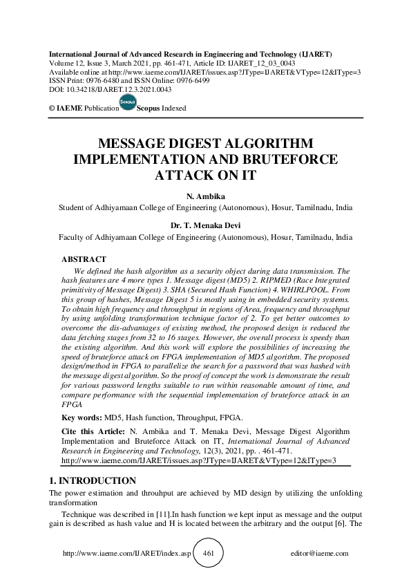 (PDF) MESSAGE DIGEST ALGORITHM IMPLEMENTATION AND BRUTEFORCE ATTACK ON IT | IAEME Publication ...