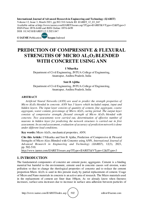 (PDF) PREDICTION OF COMPRESSIVE & FLEXURAL STRENGTHS OF MICRO AL2O3BLENDED WITH CONCRETE USING ANN