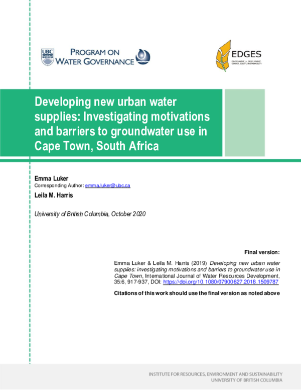 (PDF) Developing new urban water supplies: Investigating motivations ...