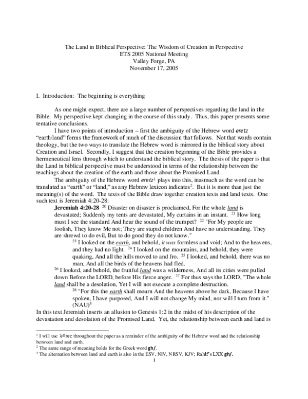 (PDF) The Land in Biblical Perspective: The Creation as Hermeneutical Lens