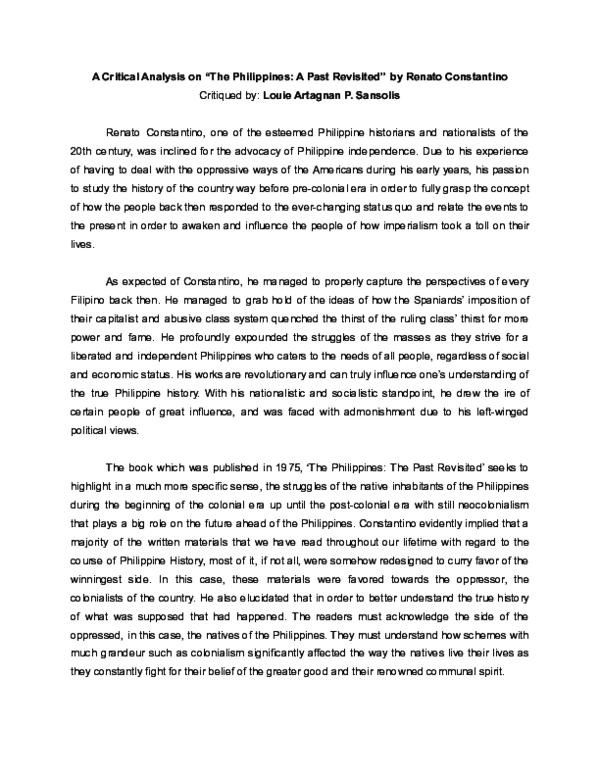 (PDF) A Critical Analysis on "The Philippines: A Past Revisited" by ...