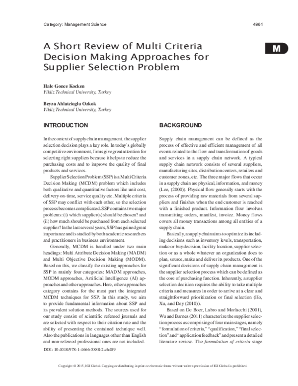 Pdf A Short Review Of Multi Criteria Decision Making Approaches For