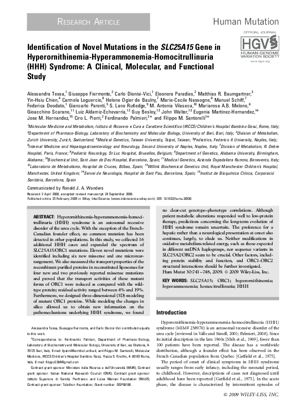 (PDF) Identification of novel mutations in the SLC25A15 gene in ...