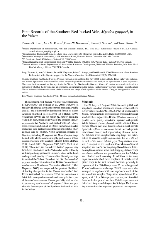 (PDF) First records of the southern red-backed vole, Myodes gapperi, in ...