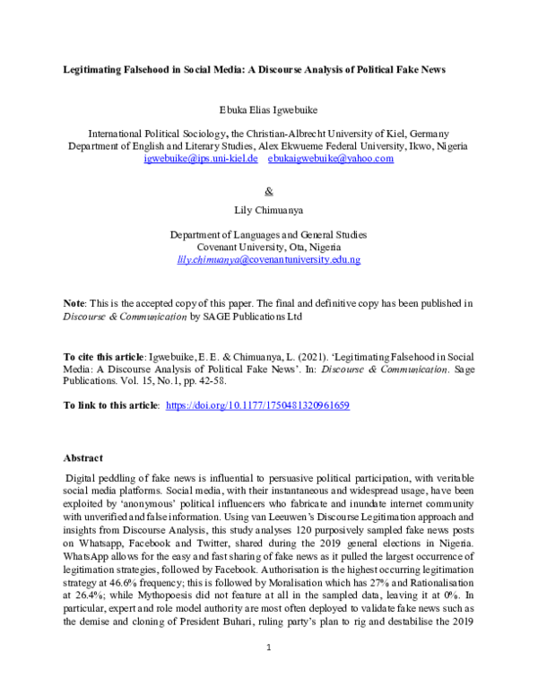 (PDF) Legitimating Falsehood in Social Media: A Discourse Analysis of ...