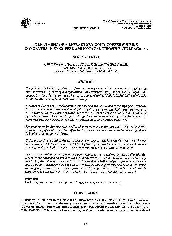 (PDF) Treatment of a refractory gold—copper sulfide concentrate by ...