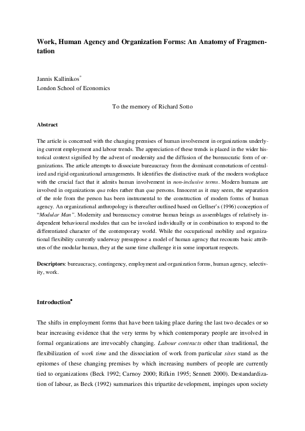 (PDF) Work, Human Agency and Organizational Forms: An Anatomy of ...