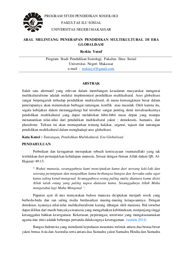 (PDF) Artikel Aral Melintang Penerapan Pendidikan Multikultural Di Era Globalisasi