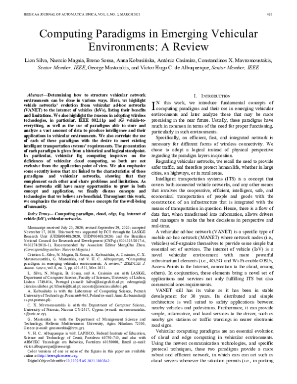 Pdf Computing Paradigms In Emerging Vehicular Environments A Review