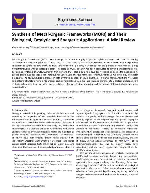 (PDF) Synthesis of Metal-Organic Frameworks (MOFs) and Their ...