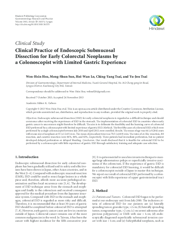 (PDF) Clinical Practice of Endoscopic Submucosal Dissection for Early Colorectal Neoplasms by a ...