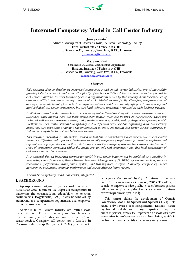 (PDF) Integrated Competency Model in Call Center Industry