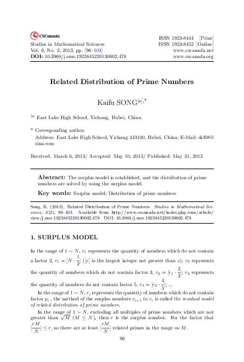 (PDF) Related Distribution of Prime Numbers
