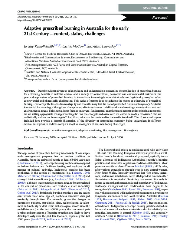 (PDF) Adaptive prescribed burning in Australia for the early 21st ...