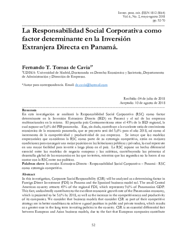 (PDF) La Responsabilidad Social Corporativa como factor determinante en la Inversión Extranjera ...