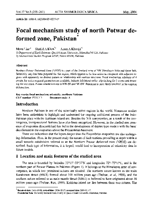 (PDF) Focal mechanism study of north Potwar deformed zone, Pakistan