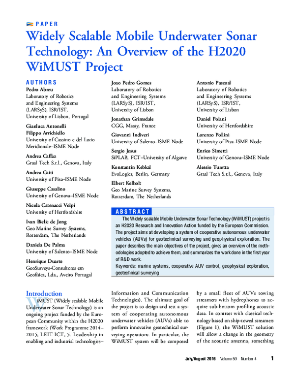 (PDF) Widely Scalable Mobile Underwater Sonar Technology: An Overview of the H2020 WiMUST Project