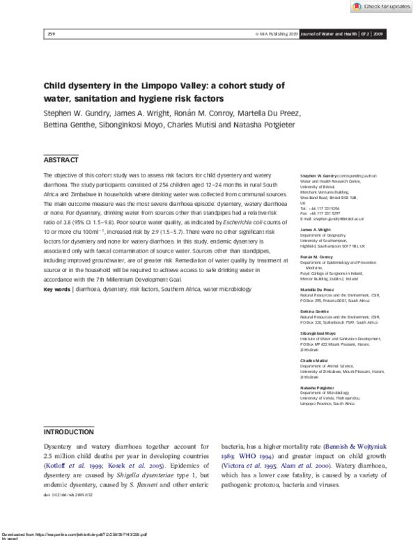 (PDF) Child dysentery in the Limpopo Valley: a cohort study of water ...