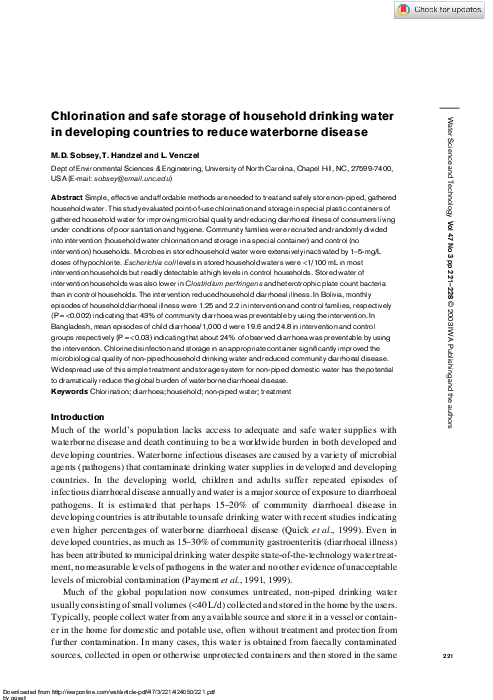 (PDF) Chlorination and safe storage of household drinking water in ...