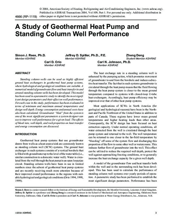 (PDF) A study of geothermal heat pump and standing column well performance