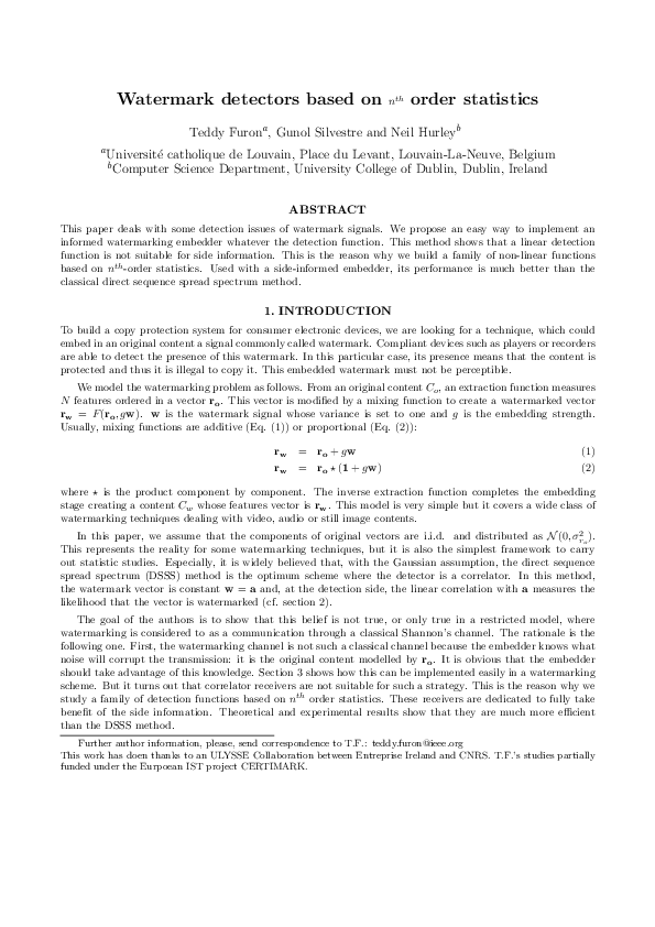 (PDF) Watermark detectors based on Nth order statistics