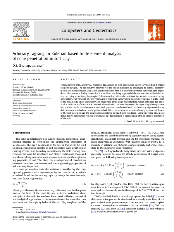 Pdf Arbitrary Lagrangian Eulerian Based Finite Element Analysis Of Cone Penetration In Soft