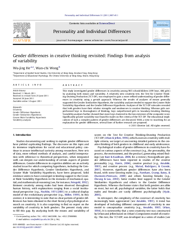 (PDF) Gender differences in creative thinking revisited: Findings from ...