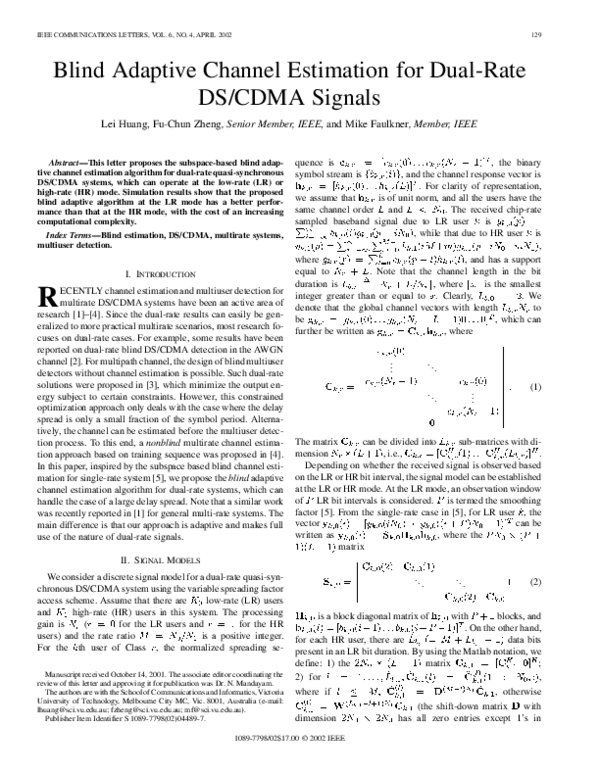 (PDF) Blind adaptive channel estimation for dual-rate DS/CDMA signals
