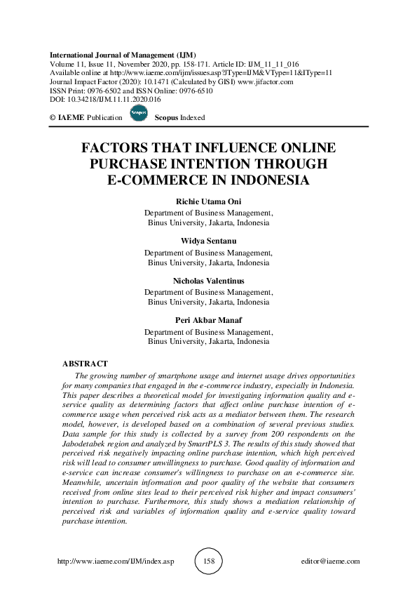 (PDF) FACTORS THAT INFLUENCE ONLINE PURCHASE INTENTION THROUGH E-COMMERCE IN INDONESIAQ