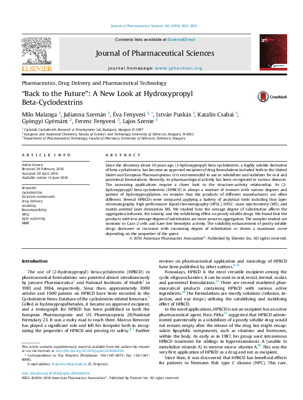 (PDF) “Back to the Future”: A New Look at Hydroxypropyl Beta-Cyclodextrins