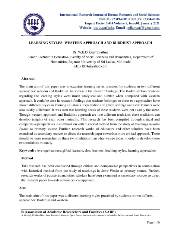 (PDF) LEARNING STYLES: WESTERN APPROACH AND BUDDHIST APPROACH