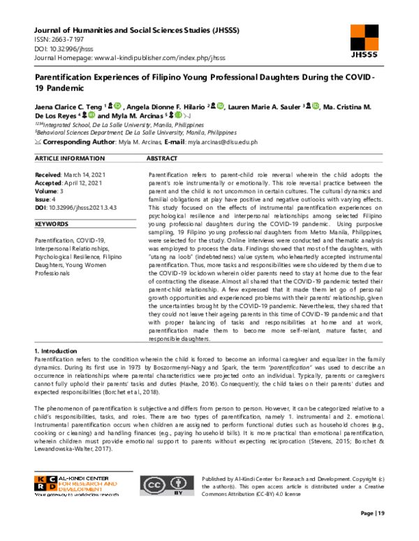 (PDF) Parentification Experiences of Filipino Young Professional ...