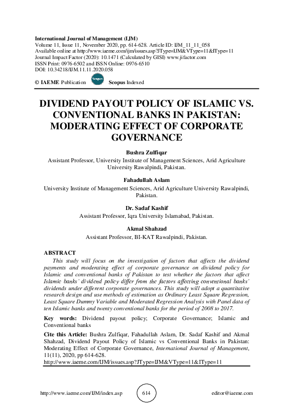 (PDF) DIVIDEND PAYOUT POLICY OF ISLAMIC VS. CONVENTIONAL BANKS IN PAKISTAN: MODERATING EFFECT OF ...