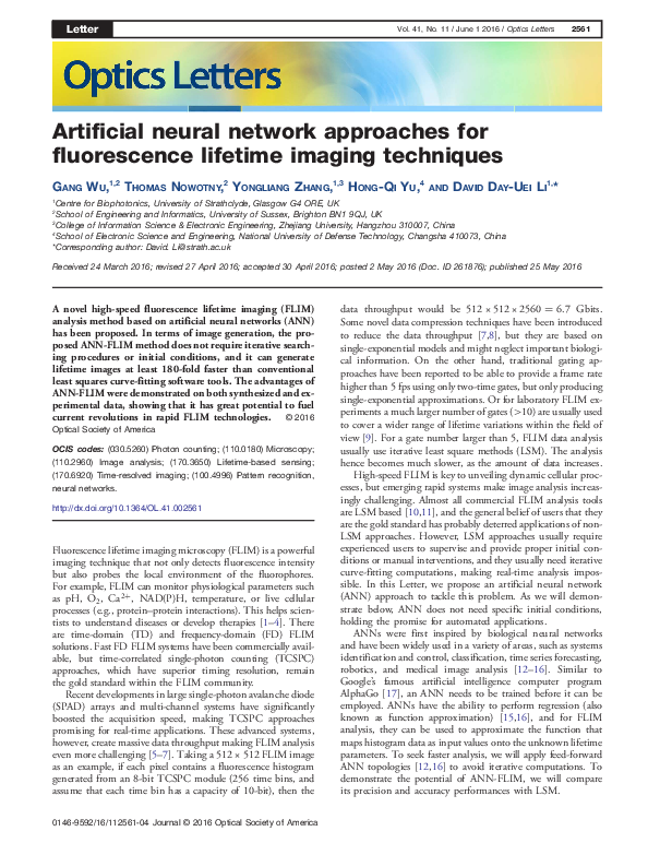 (PDF) Artificial neural network approaches for fluorescence lifetime imaging techniques