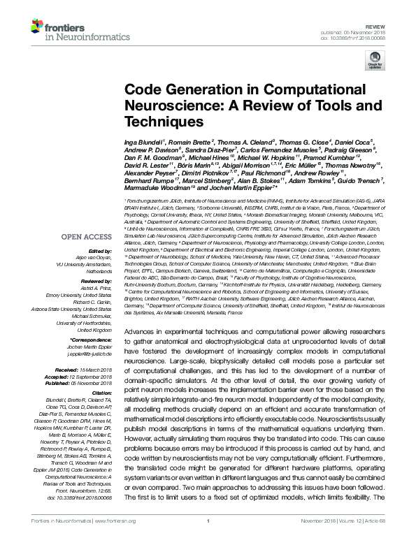 (PDF) Code Generation in Computational Neuroscience: A Review of Tools and Techniques