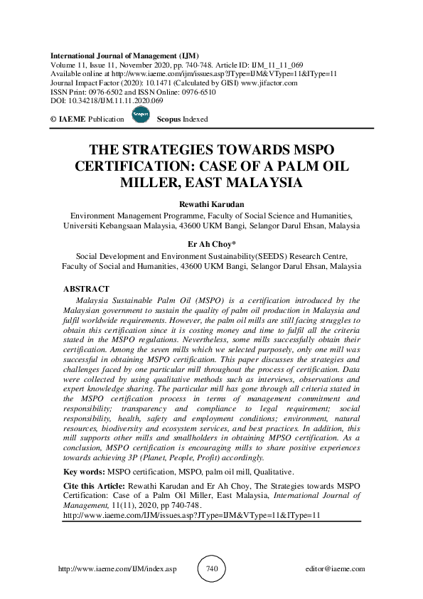 (PDF) THE STRATEGIES TOWARDS MSPO CERTIFICATION: CASE OF A PALM OIL ...
