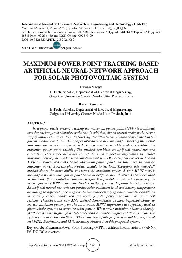 (PDF) MAXIMUM POWER POINT TRACKING BASED ARTIFICIAL NEURAL NETWORK ... (PDF) MAXIMUM POWER POINT TRACKING BASED ARTIFICIAL NEURAL NETWORK ...