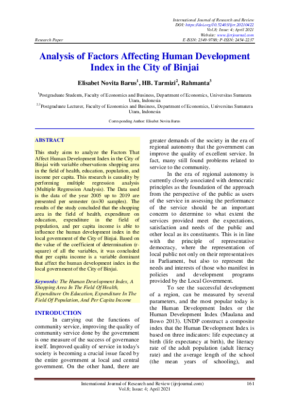 (PDF) Analysis of Factors Affecting Human Development Index in the City ...