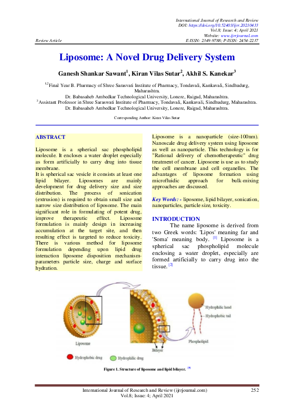 (PDF) Liposome: A Novel Drug Delivery System