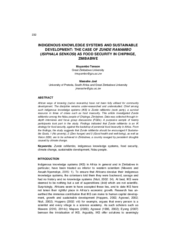 (PDF) INDIGENOUS KNOWLEDGE SYSTEMS AND SUSTAINABLE DEVELOPMENT: THE ...