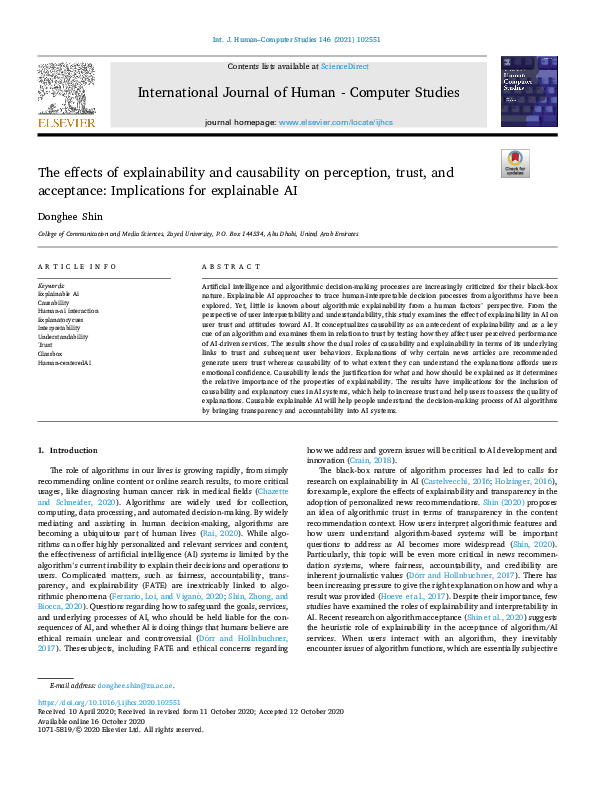 (PDF) The effects of explainability and causability on perception, trust, and acceptance ...